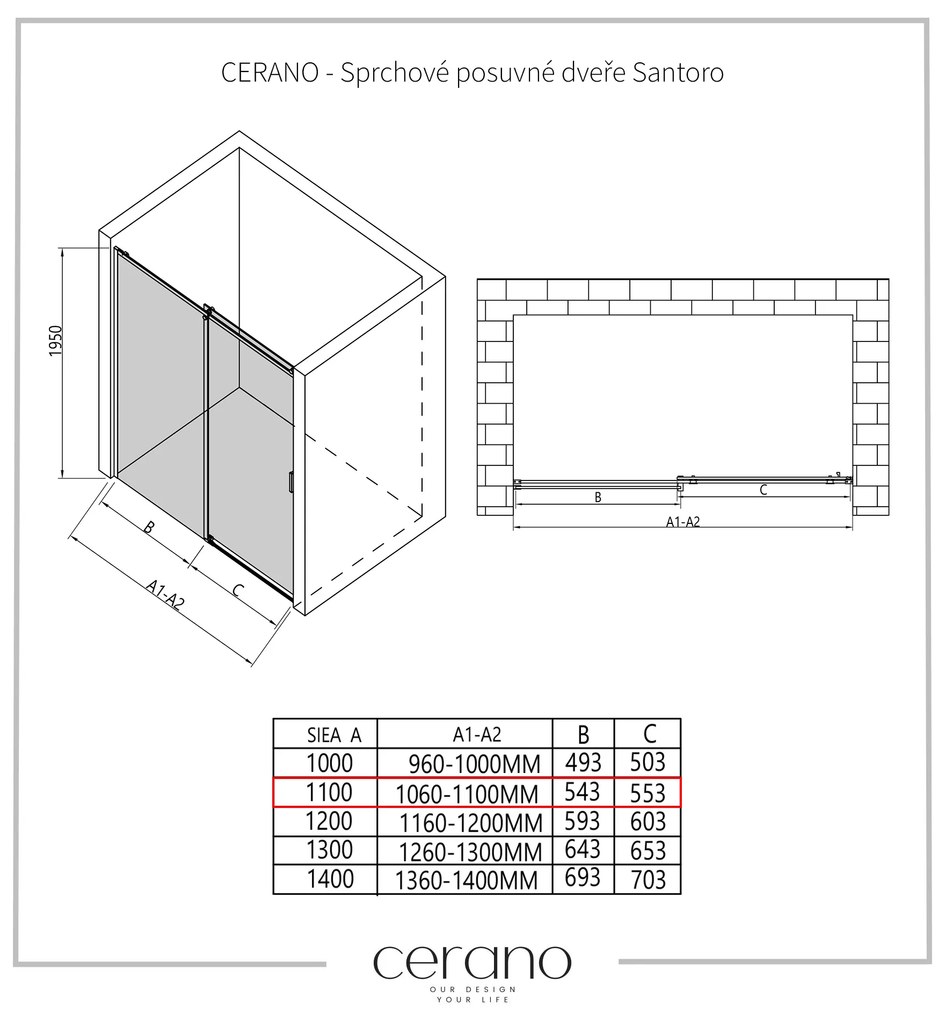 Cerano Santoro, sprchové posuvné dveře 110x195 cm, 6mm šedé sklo, černý profil, CER-CER-424948