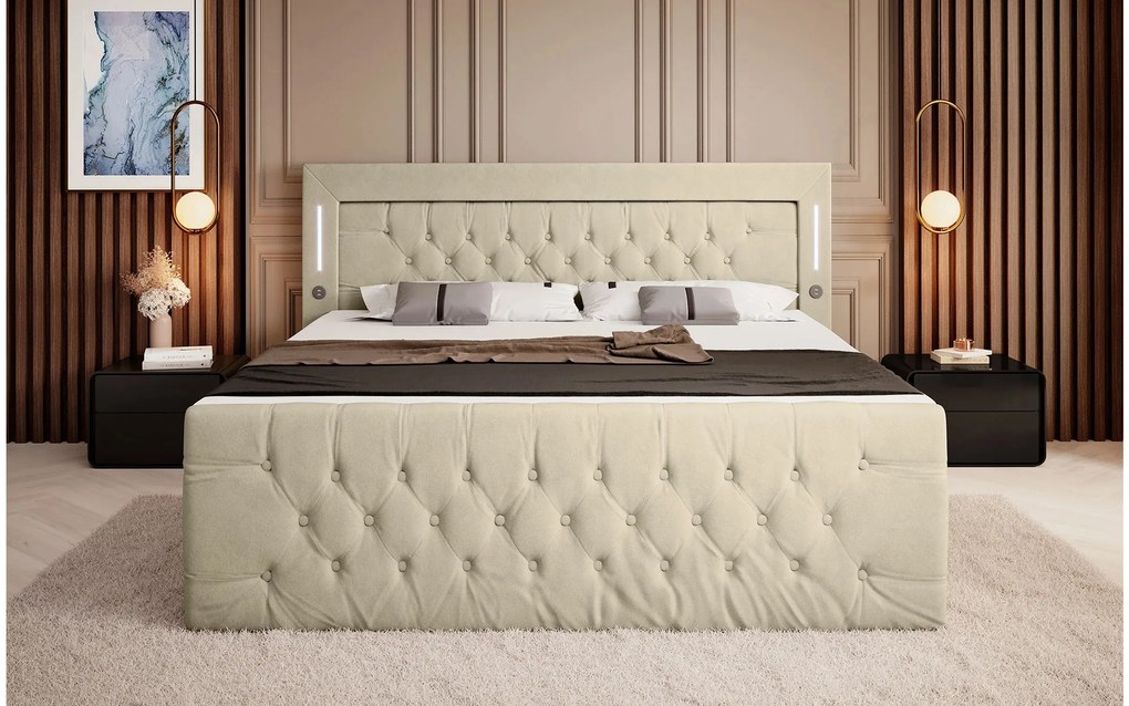 K&M postele Boxspring postel ELEGANCE s úložným prostorem, LED a USB Velikost postele: 140 × 200 cm, Výběr matrace: Taštičková zónová matrace - měkká…
