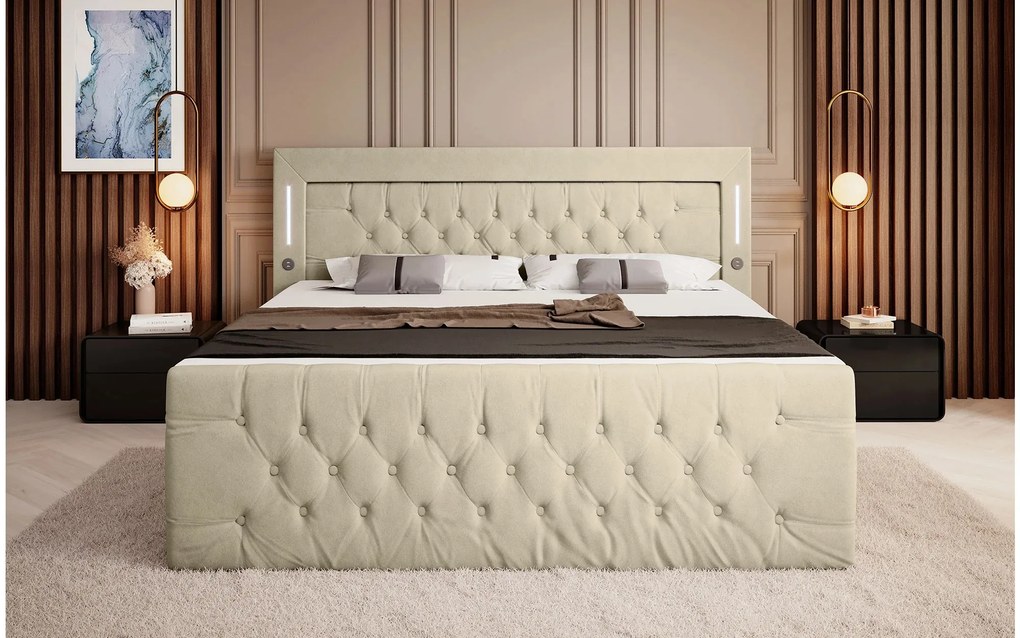 K&M postele Boxspring postel ELEGANCE s úložným prostorem, LED a USB Velikost postele: 160 × 200 cm, Výběr matrace: Oboustranná pružinová matrace - s…