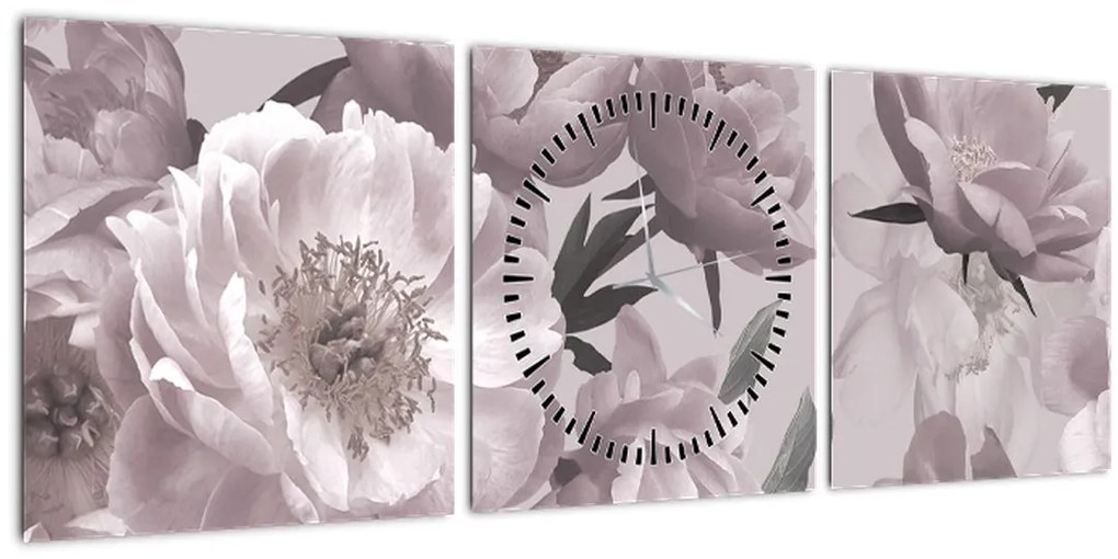 Obraz - Vintage květy pivoněk (s hodinami) (90x30 cm)