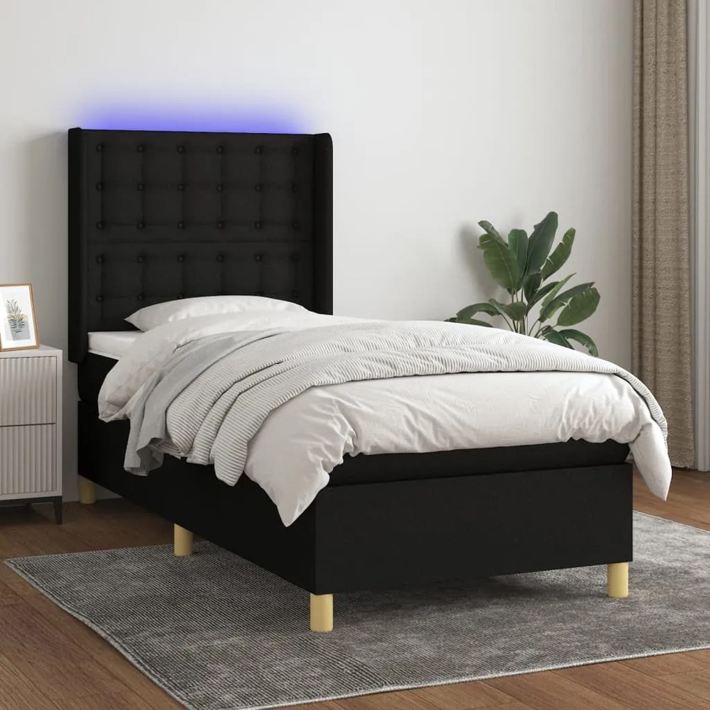 Box spring postel s matrací a LED černá 100x200 cm textil