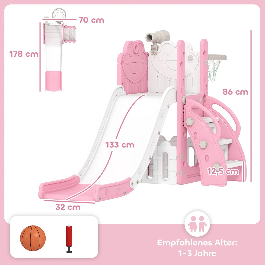 AIYAPLAY 5-v-1 dětská skluzavková sada, teleskop, basketbalový koš, HDPE, plast, růžová+bílá