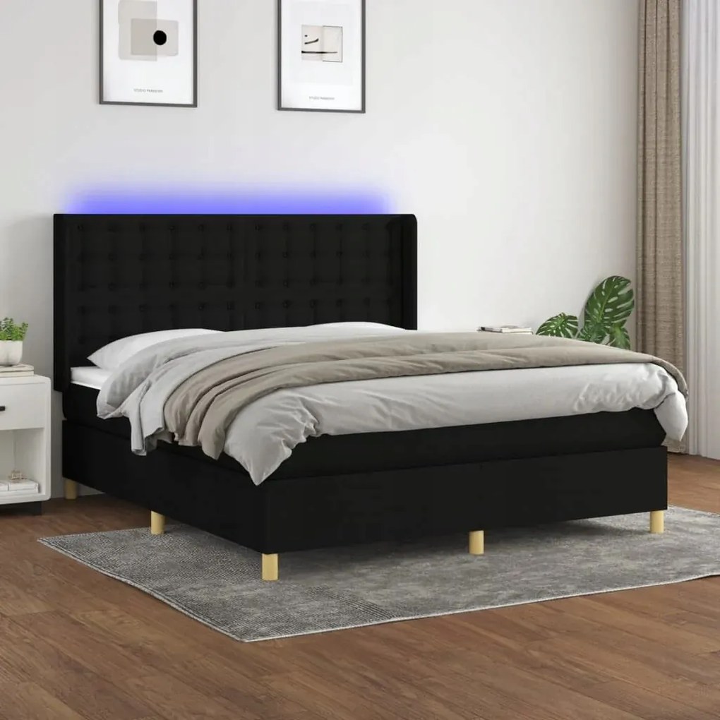 Box Spring Postel S Matrací A Led Černá Textil Černá tlačítka 160 x 200 c