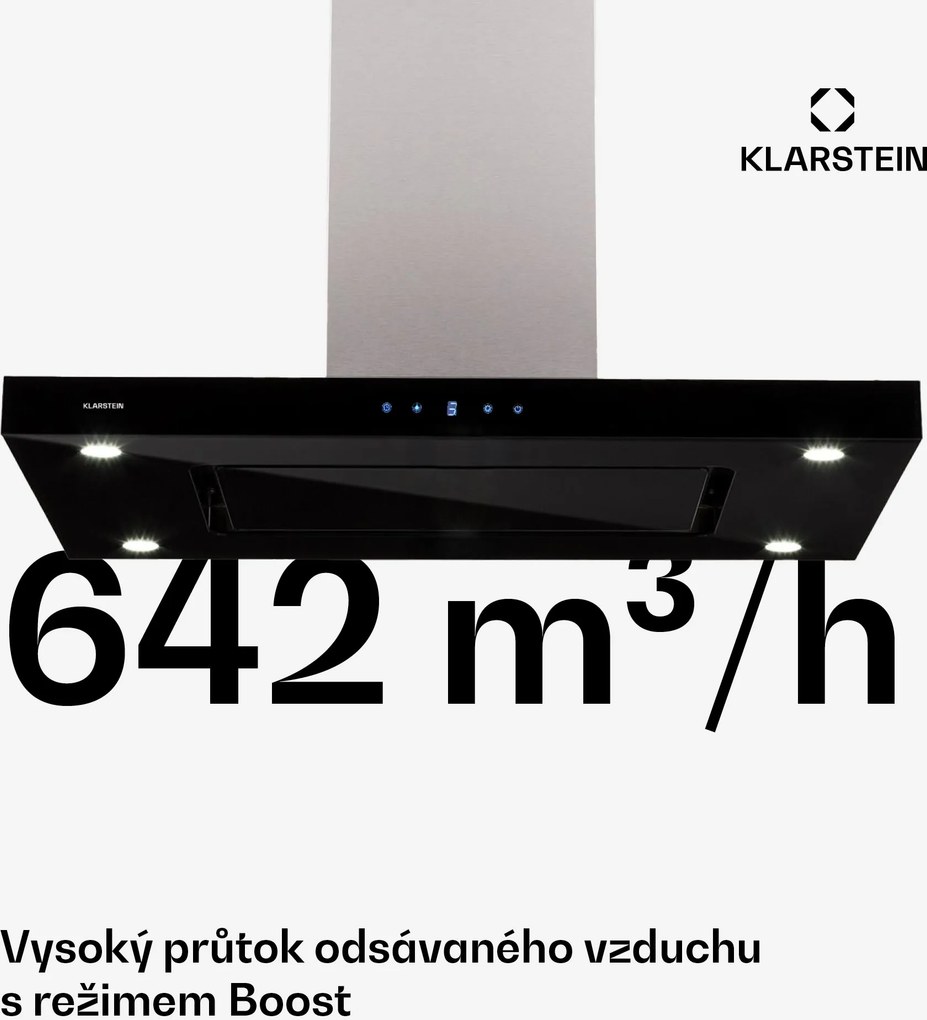 Klarstein Valeria ostrovní digestoř 90cm 642 m³/h odtah, dotykové ovládání, LED, sklo, nerezová ocel
