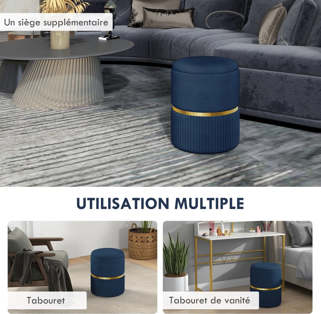 HOMCOM Pouf, taburet, úložný box, ve velurové tkanině, moderní design, 36 x 44 cm, do obývacího pokoje, ložnice, modrý
