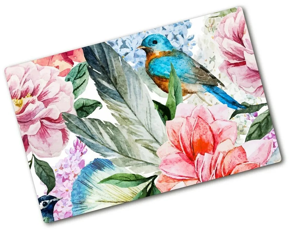 Wallmuralia Kuchyňská deska skleněná Květiny a ptáci 80x52 cm