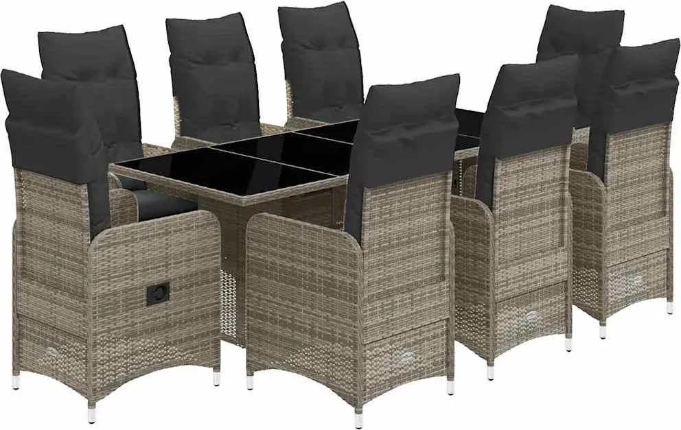 9dílný zahradní bistro set s poduškami šedý polyratan 3277041