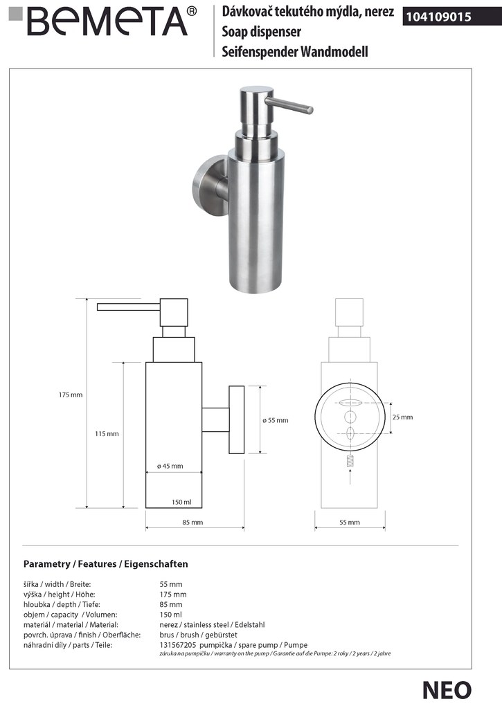 Bemeta Design NEO: Dávkovač mýdla, 150 ml - 104109015