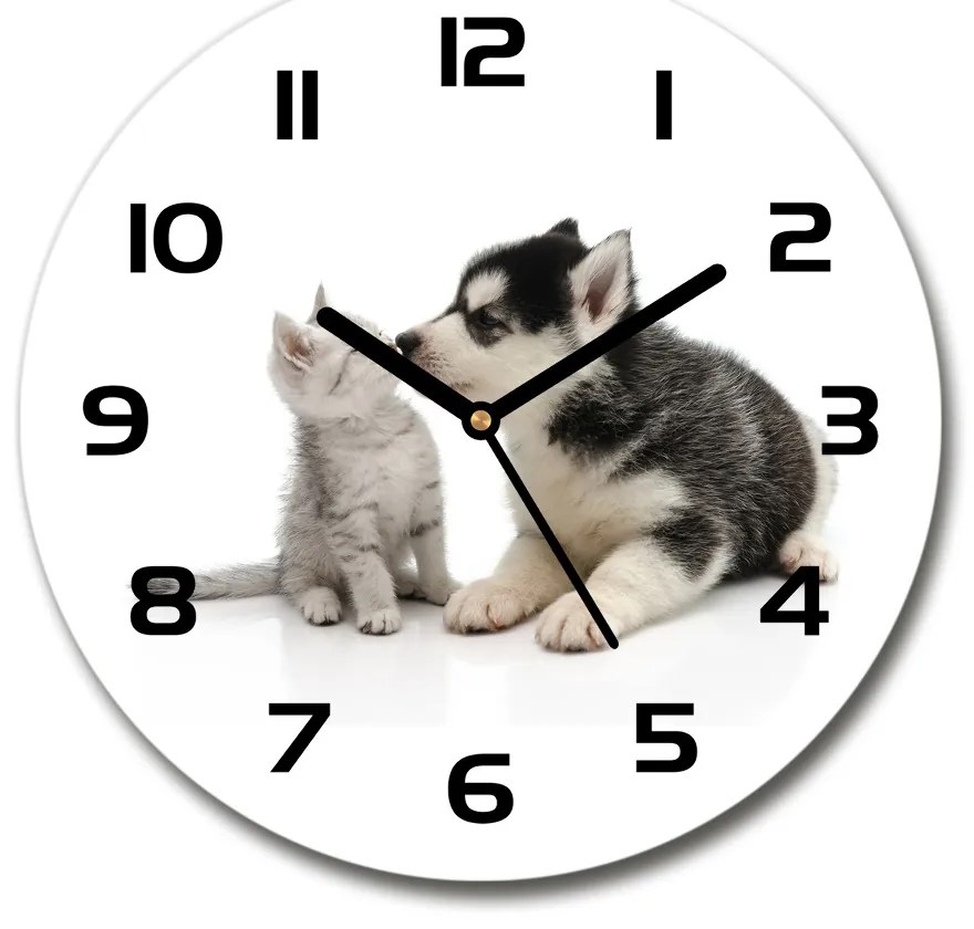 Wallmuralia Skleněné hodiny kulaté Pes a kočka fi 30 cm