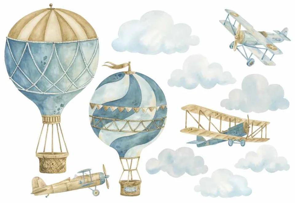 Gario Dětská nálepka na zeď Retro balloons and airplanes - tři letadla, dva balóny a mraky