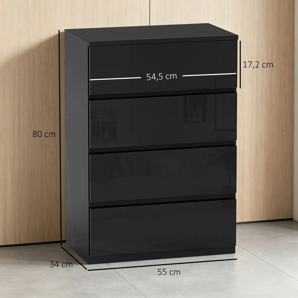 HOMCOM Moderní komoda se 4 šuplíky, design proti převrhnutí, do obývacího pokoje a chodby 55x34x80 cm lesklá černá