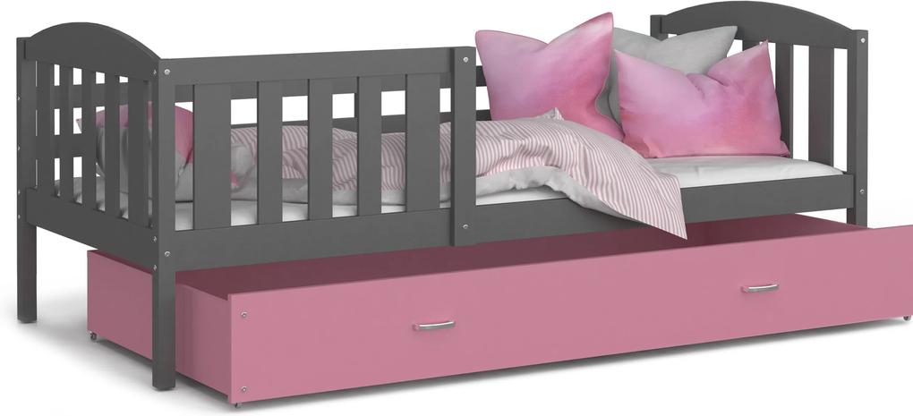 Svět pokojů Dětská postel Kurt s úložným prostorem 200x90 cm rám ŠEDÝ/BÍLÝ Barva rámu: šedá, Matrace: Ano, Barva dílů: růžová