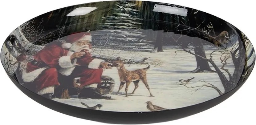 Černý kovový podnos s motivem Santy v zasněžené krajině - Ø 28*3 cm