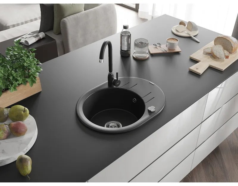 Mexen Kevin, dřez granitový 586x458x190 mm, 1-komorový a černá baterie Telma, černá, 6517-77-670200-70