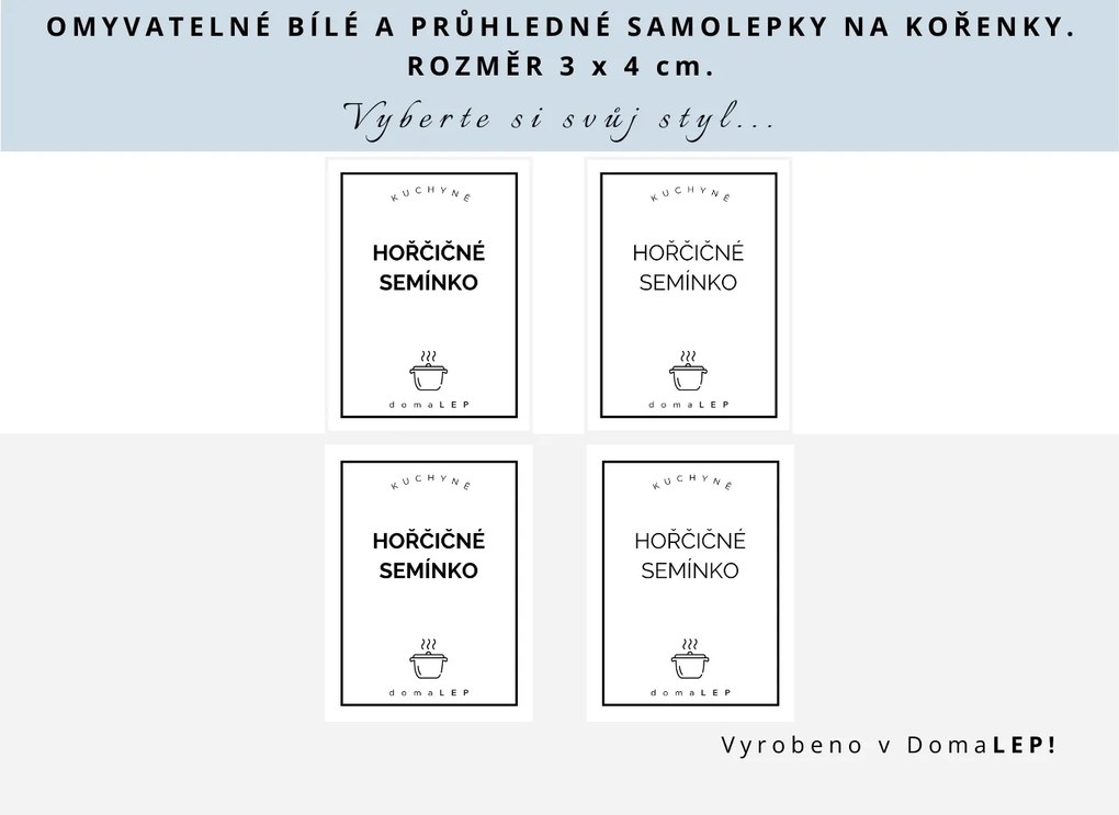 HOŘČIČNÉ SEMÍNKO - Samolepka na kořenky 3 x 4 cm - DomaLEP varianta: BÍLÁ - základní písmo