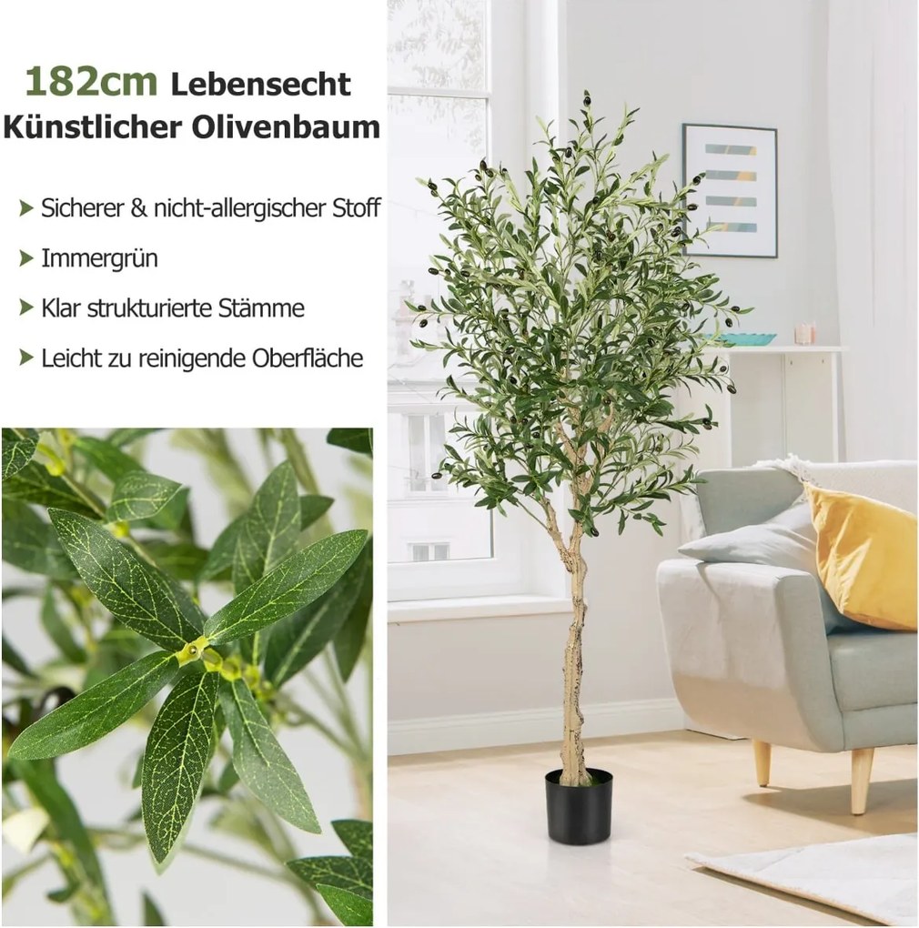 Costway Umělý olivovník s 1296 listy a 72 plody Olivovníky 182 cm, zelený