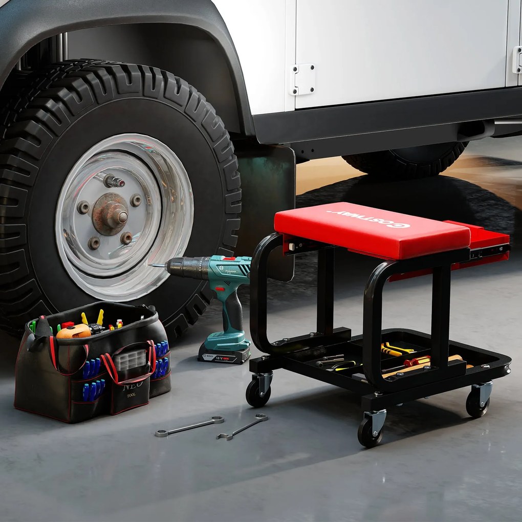 Costway Pojízdná dílenská stolička s nosností 185 kg polstrovaná mechanická