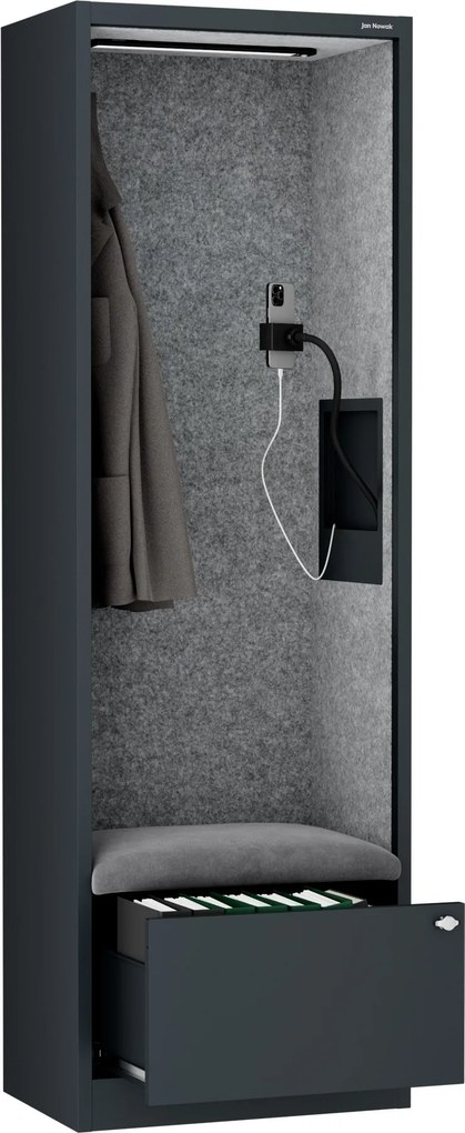 Kancelářská akustická kabina se sedátkem a USB-C portem, korpus antracitový / sedák šedá, 600 mm: SALLY MentalBox