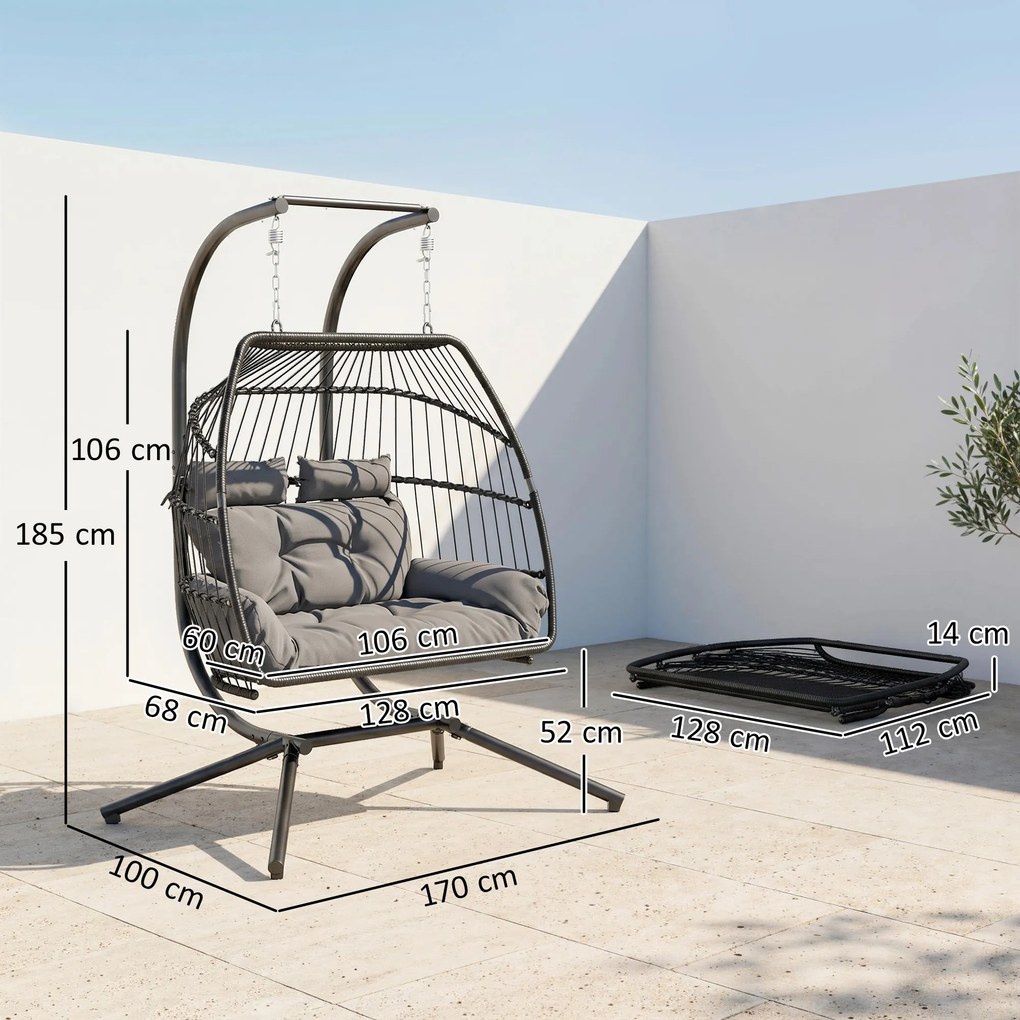 Outsunny závěsné křeslo s skládacím stojanem, závěsný košík s polštářem, ergonomické houpací křeslo z poly ratanového materiálu pro 2 osoby, závěsné …