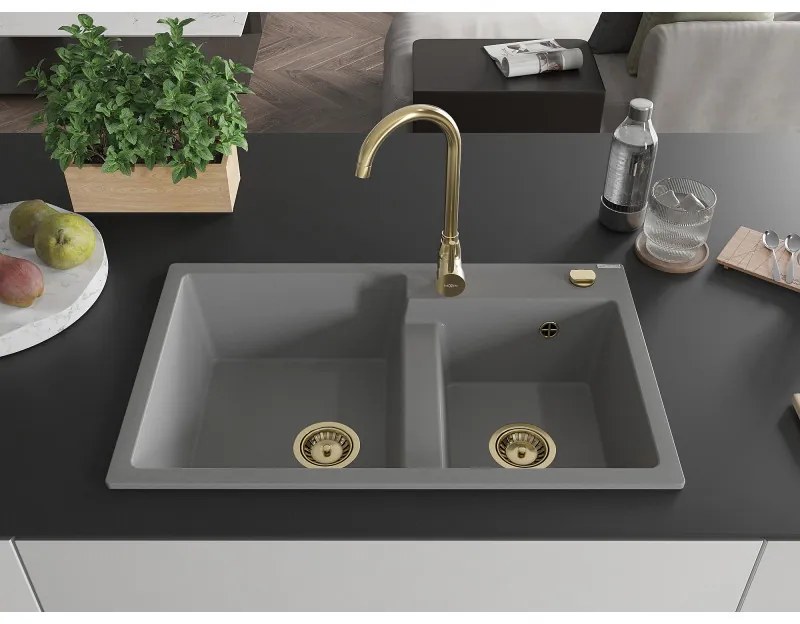 Mexen Tomas, granitový dřez 800x500x190 mm, 2-komorový, šedá se zlatým sifonem, 6516802000-71-G