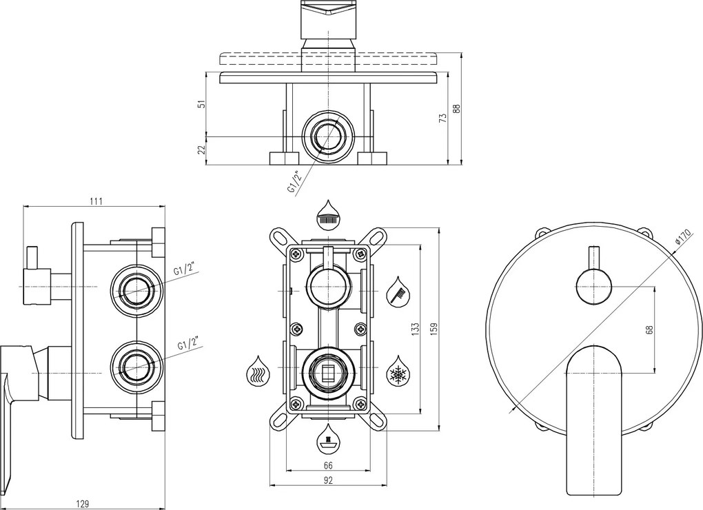 Slezák - RAV Vanová/sprchová baterie 3-cestná s podomítkovým tělesem a s boxem NIL , Metal grey kartáčovaná