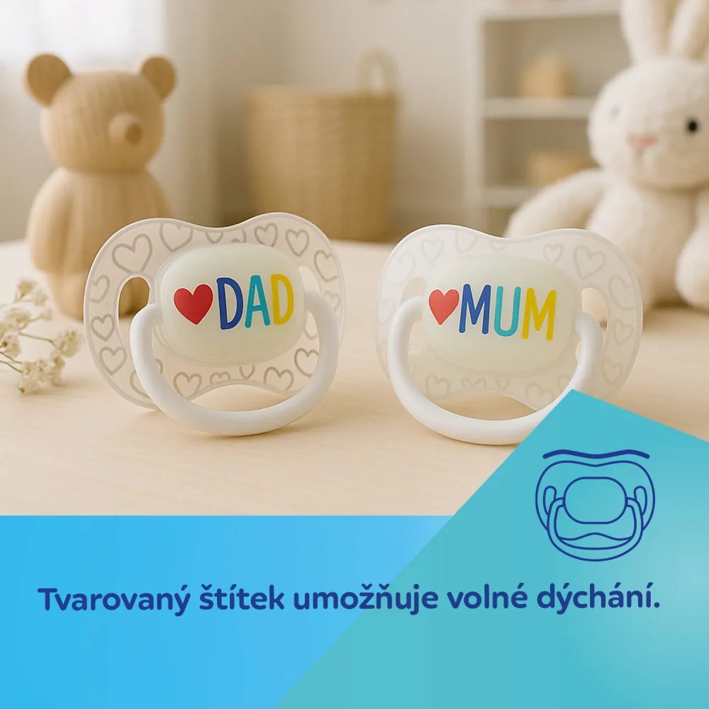Canpol babies Dudlík svítící silikonový symetrický Love Mum & Dad 6 - 18 m, 2 ks