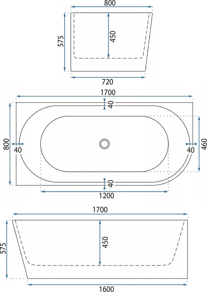 Volně stojící akrylová vana REA WENUS LEFT 170x80 cm bílý, sifon Click-Clack - zlatý kartáčovaný