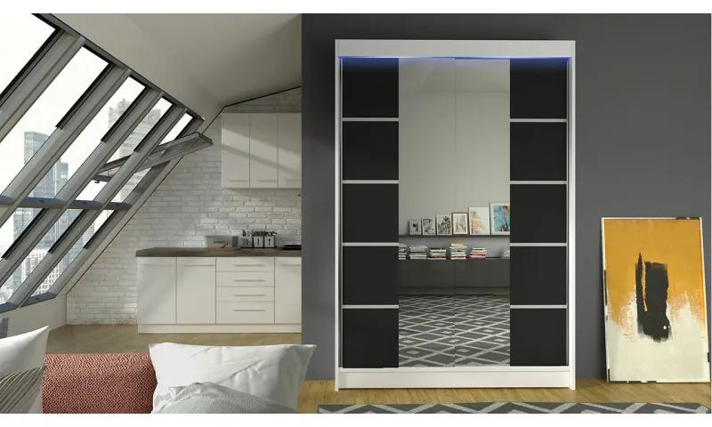 Posuvná skříň Parys V, Barva: bílá + černá + zrcadlo, Osvětlení: osvětlení LED RGB - barevné