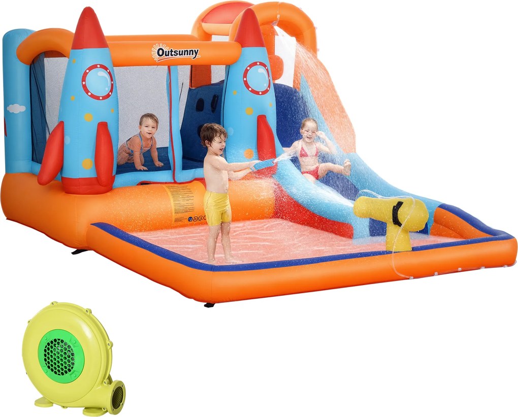 Outsunny nafukovací skákací hrad, hrací hrad se skluzavkou pro 4 děti, s foukačkou, hrací domeček pro 3-8 let, vzor raketa, polyester | Aosom