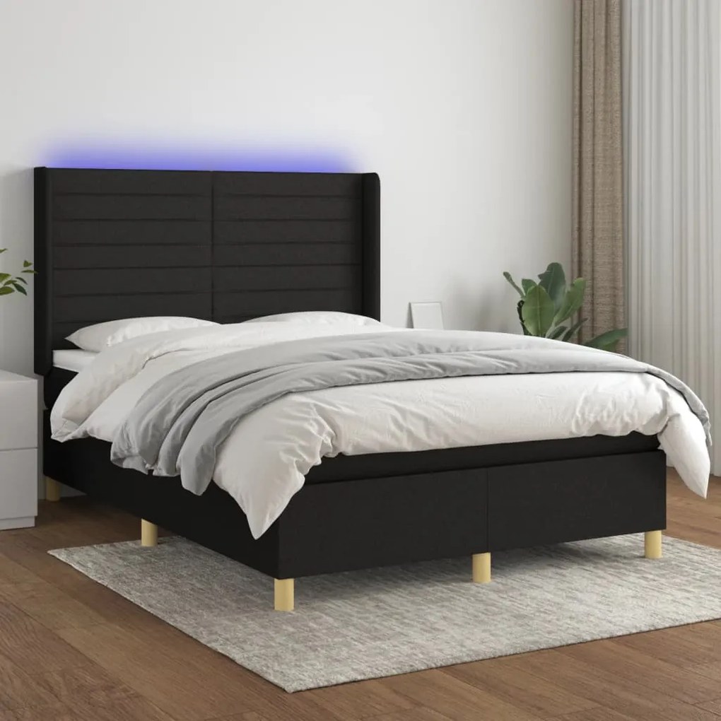 Box spring postel s matrací a LED černá 140x200 cm textil