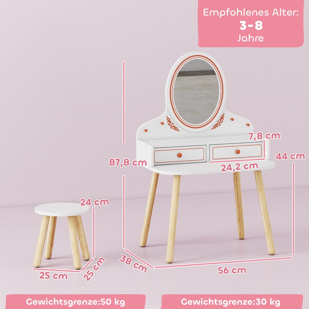 AIYAPLAY Dětská toaletní souprava toaletní stolek se stoličkou zrcadlem zásuvky ramínka na šaty pro děti od 3 do 8 let 56 x 38 x 87,8 cm Bílá barva