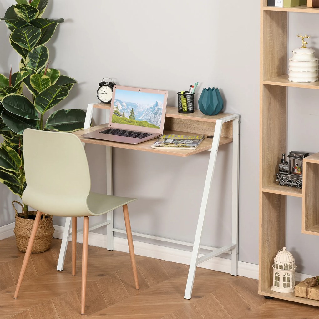 Psací stůl HOMCOM Moderní počítačový stůl s úložným prostorem a kabelovou zásuvkou Kovový rám bílý dub 84x45x85cm pro domácí kancelář a pracovnu