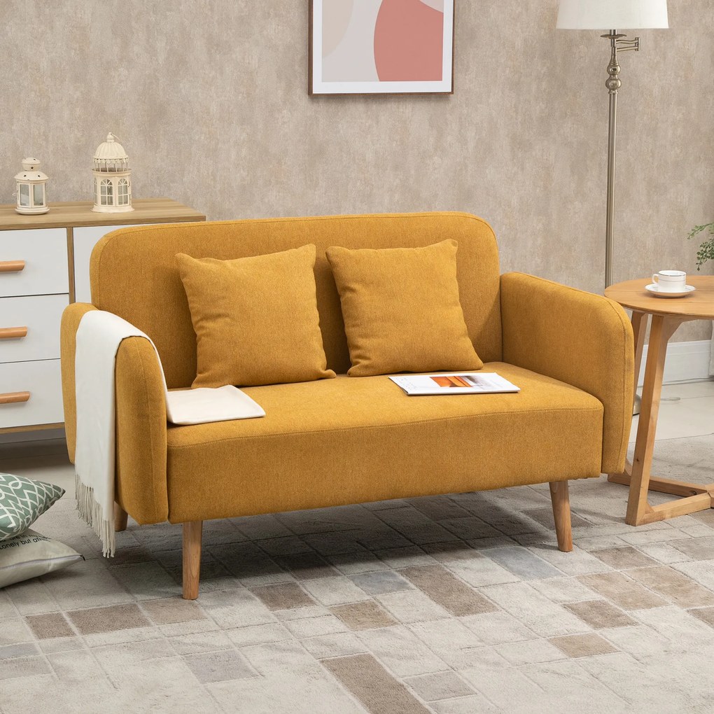 HOMCOM Dvoumístná pohovka s polštáři, nastavitelné podnožky, sametový polyester, pěna, kompaktní design, 2místná, přírodní+žlutá