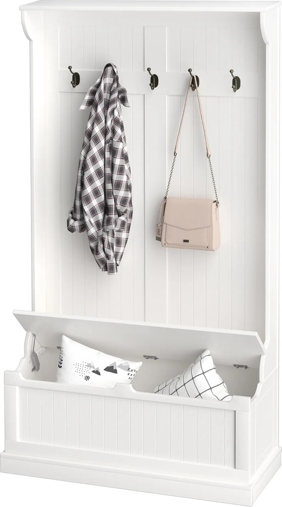 HOMCOM věšák na kabáty s botníkem a lavičkou, organizační prvek do předsíně, s 5 háčky a úložným prostorem, 96x34x179,7cm, slonová kost