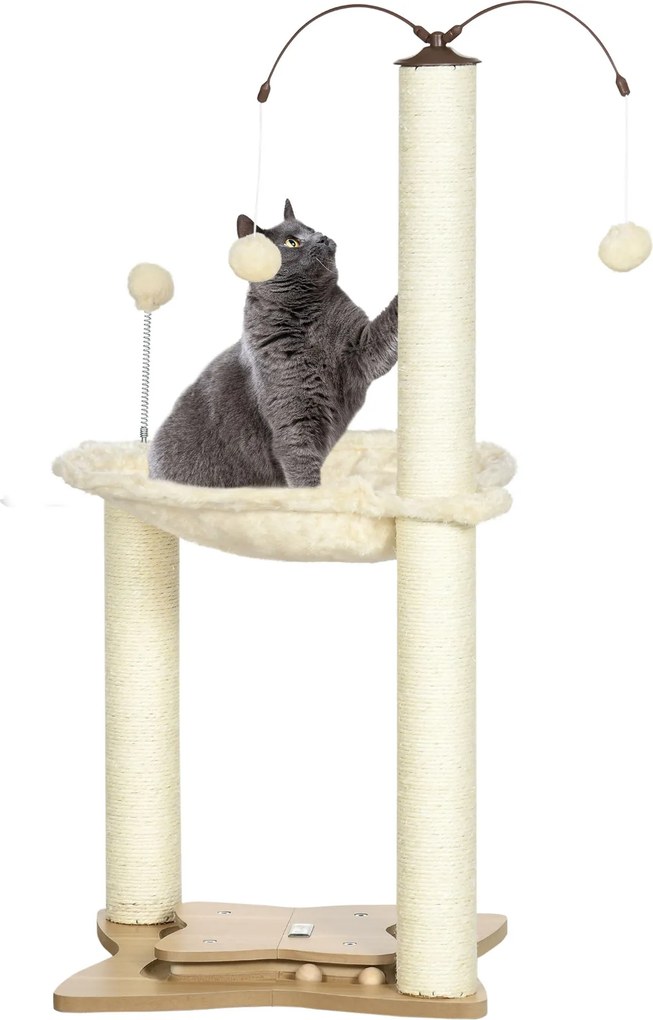 Škrabadlo pro kočky PawHut s houpací síťkou a sisalovými sloupky, výška 90 cm, věž pro kočky s visícími rotujícími míčky, zábavné hry 53,5x53,5x90 cm