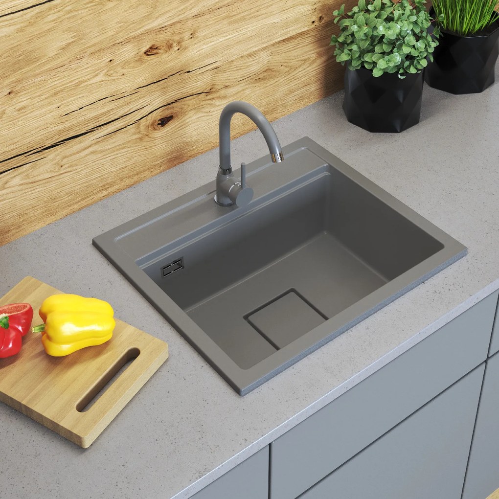 Gamma Quadro 5850, 1-komorový granitový dřez 580x495x220 mm, šedá, GMA-ZLE000233