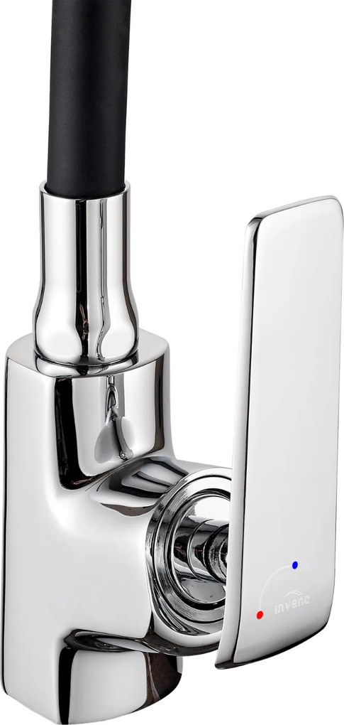 Invena Ligaria, vysoká dřezová baterie s elastickým ramenem, systém Eco Start, chromová-černá matná, INV-BZ-39-008-L