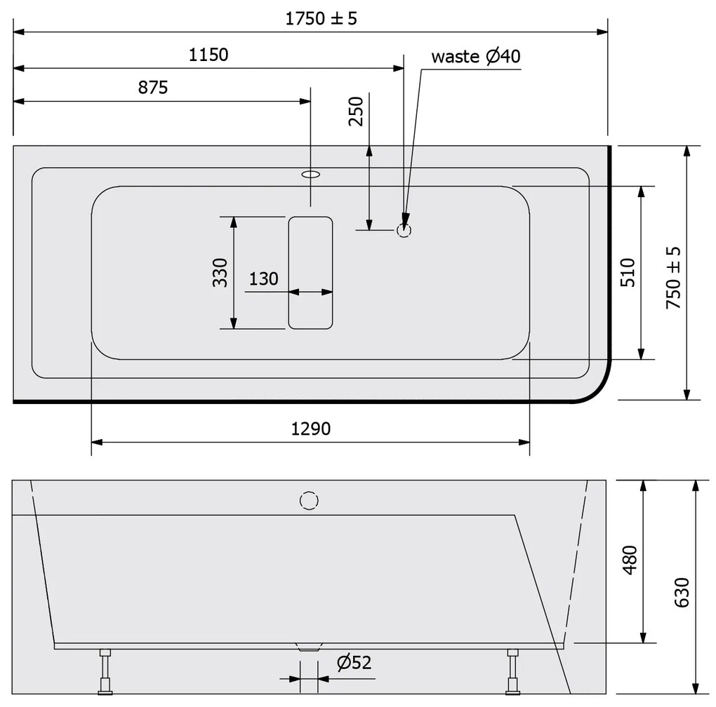 Polysan MARLENE CURVE L MONOLITH obdélníková vana 175x75x63cm, bílá/černá, 72034MCLB