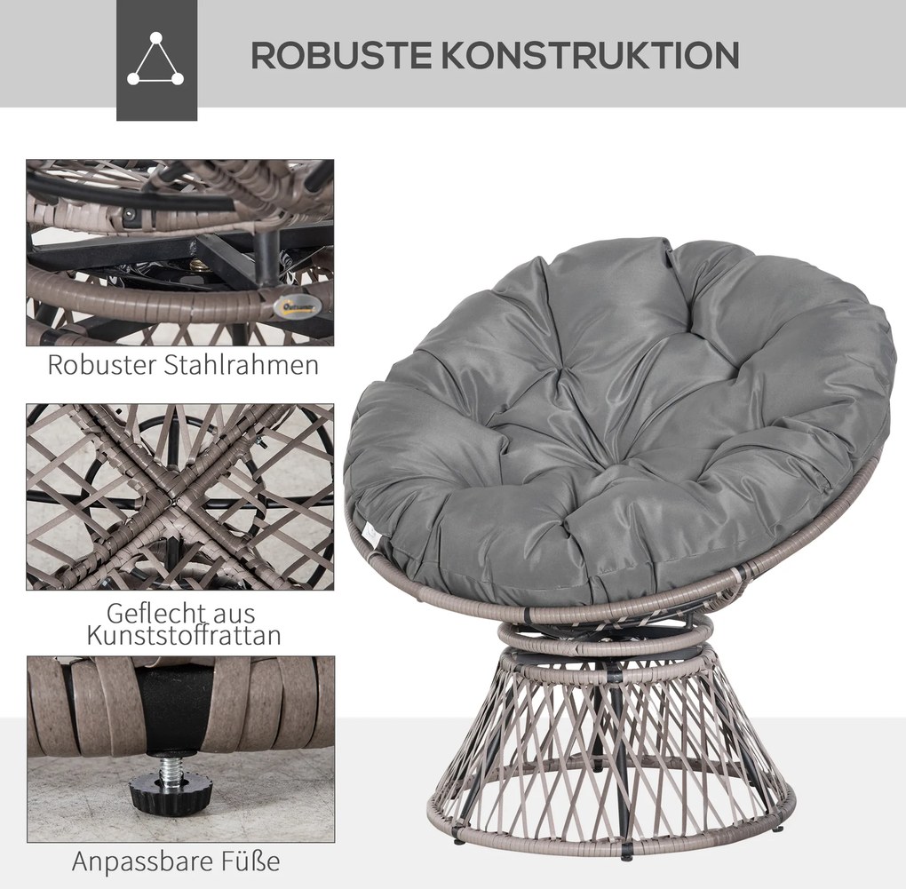 Outsunny Synthetic Rattan Otáčecí Papasan Křeslo Oválné Wicker PE Křeslo s Polštářem a Ocelovým Rámem Nosnost 160 kg pro Zahradu, Patio, Terasu 87x97…