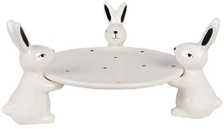 Černo-bílý keramický podnos s podstavcem ve tvaru tří králíčků Rabbit Party – 24x23x12 cm