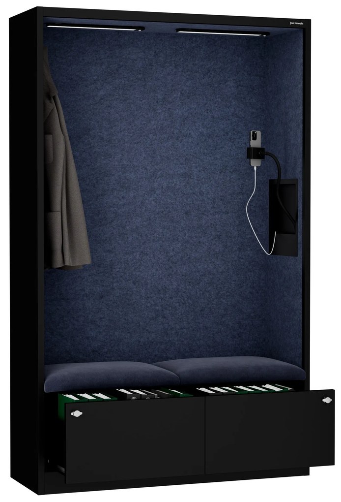 Kancelářská akustická kabina se sedátkem a USB-C portem, korpus černý / sedák námořnická modrá, 1150 mm: SALLY MentalBox
