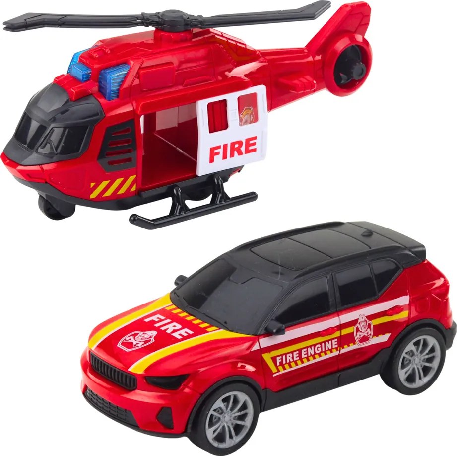 LEAN Toys Hasičský karavan Vrtulník Světla auta Zvuky Červená