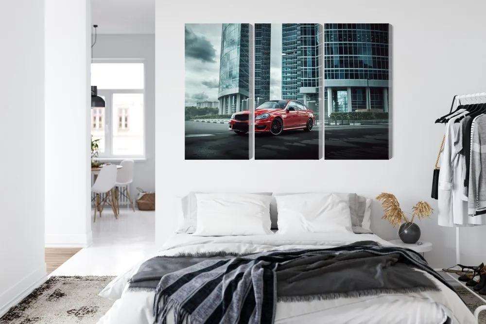 Vícedílný obraz Červené Auto Na Pozadí Moderních Mrakodrapů Nedostatek Nedostatek Přírodní plátno 120x80