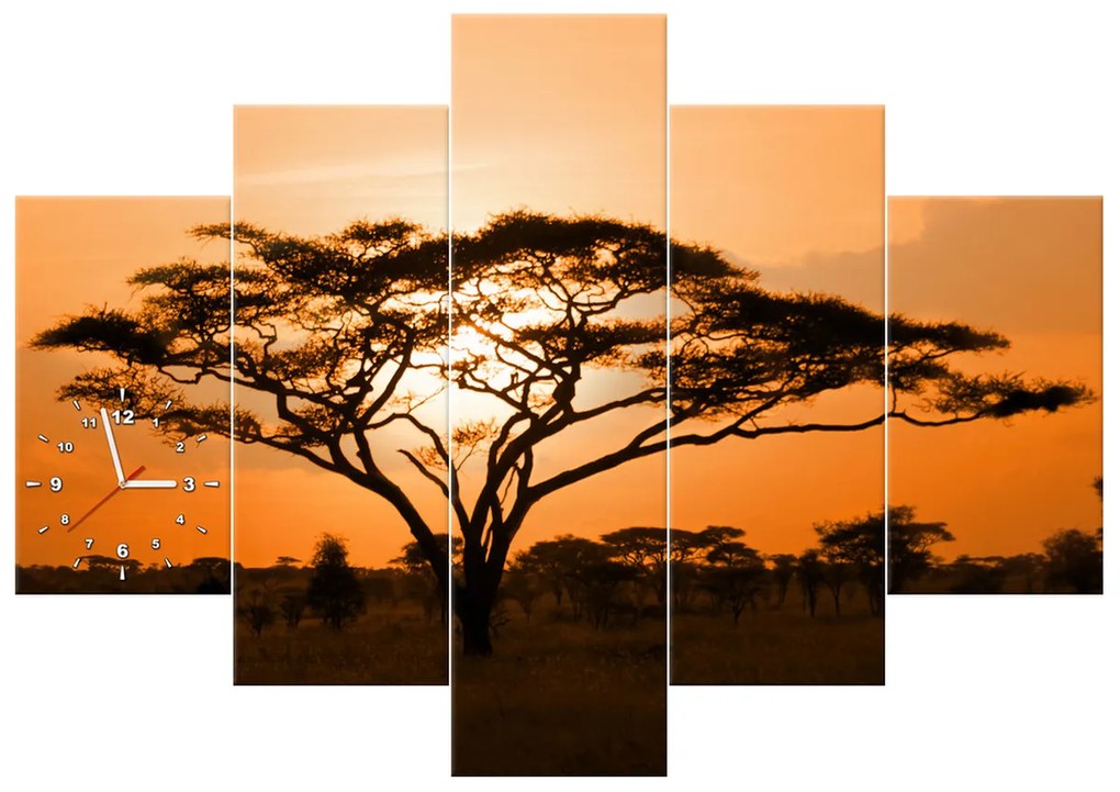 Gario Obraz s hodinami Nádherná africká země - 5 dílný Rozměry: 150 x 70 cm