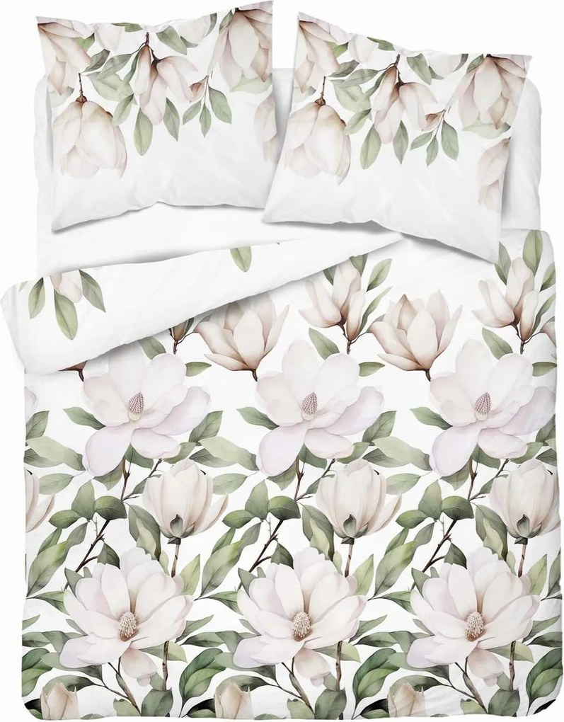 Detexpol Bílé bavlněné povlečení s krémovými magnóliemi – 220x200 – kolekce Naturalis – vzor 5505 B