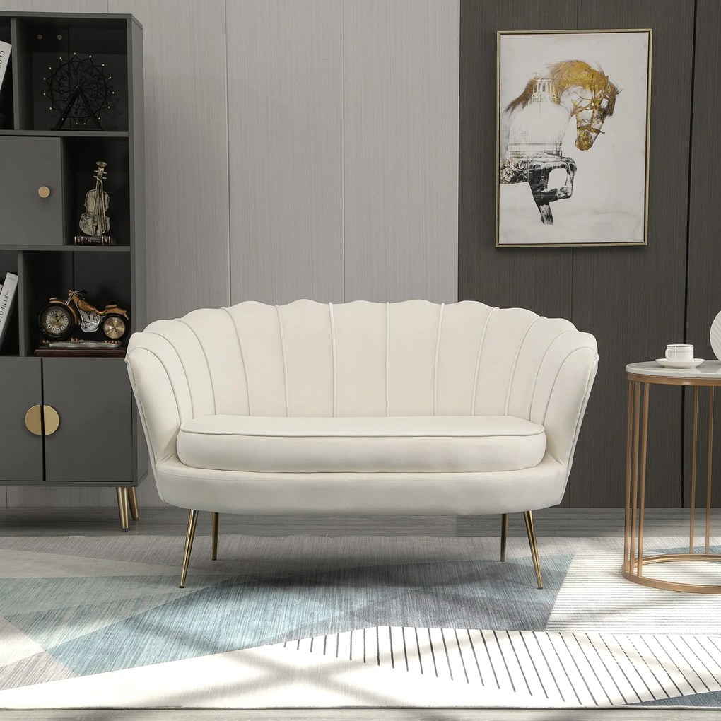 HOMCOM Dvoumístná pohovka se zádový opěrkou a silným polstrováním Moderní loveseat s vzhledem sametu pro obývací pokoj a ložnici, 130 x 77 cm, krémov…