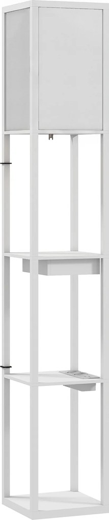 HOMCOM Stojací lampa s 3stupňovou policí, nožní spínač, USB porty, MDF, bílá