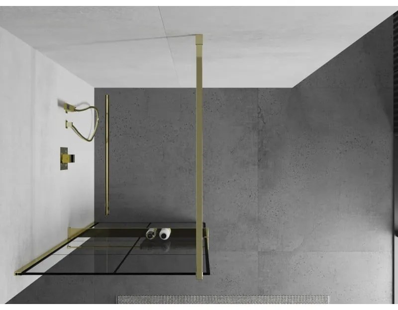 Mexen Kioto+, sprchová zástěna s poličkou a držákem na ručníky 70 x 200 cm, 8mm čiré sklo vzor černý, zlatý profil, 800-070-121-50-77