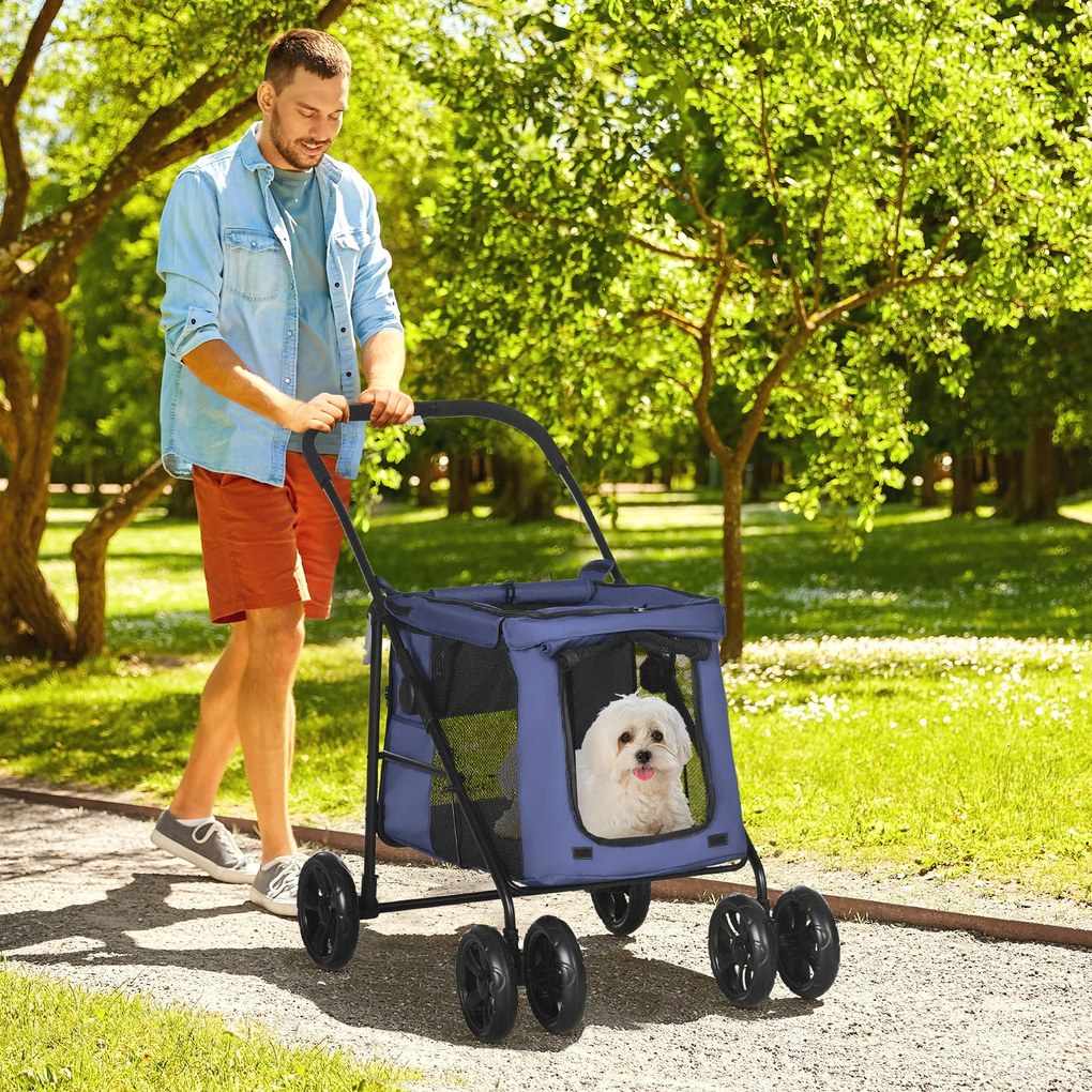 PawHut Vozík pro psy do 20 kg skládací polštář 3 boční kapsy 102 cm x 62 cm x 105 cm modrá