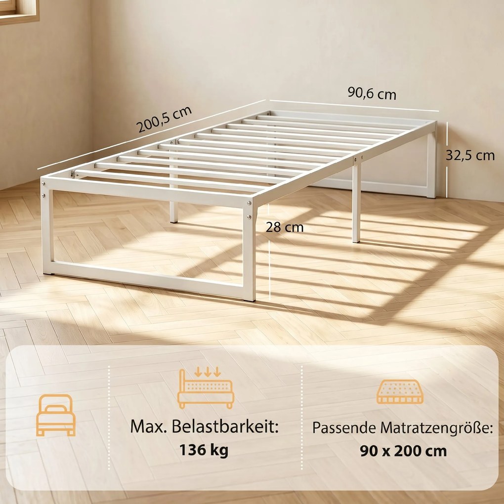 Kovový rám postele HOMCOM s úložným prostorem pod postelí, výška rámu 32,5 cm, ocelové laťování, tichá konstrukce a snadná montáž – vhodné pro matrac…